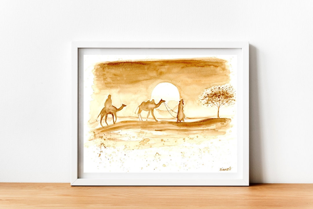 Original Watercolor Camels in the Desert Painting, Hand Painted Burnt ...