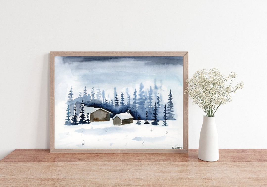 Watercolor Landscape Print, 8x10 Wall Print, Snowy Scene, Winter ...