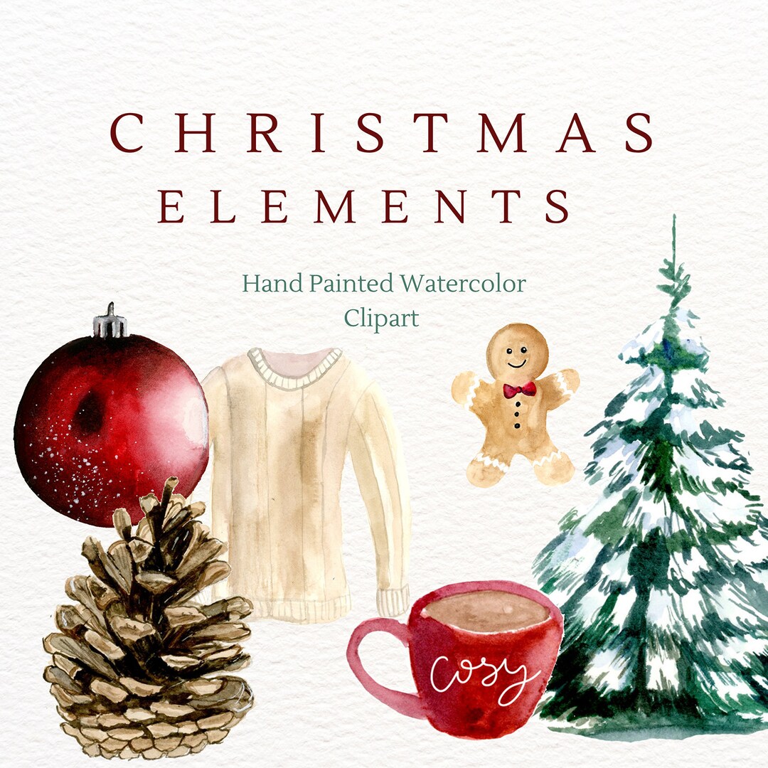 Christmas Watercolor Elements, Christmas Clipart, Cozy Hand Painted ...