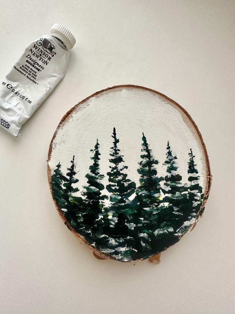 Acrylic Painting | Hand Painted Wood Slice | Pine Forest | Winter Woods ...