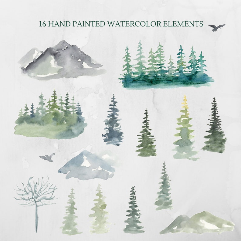 Watercolor Forest Clipart Pine Trees Clipart Hand Painted | Etsy