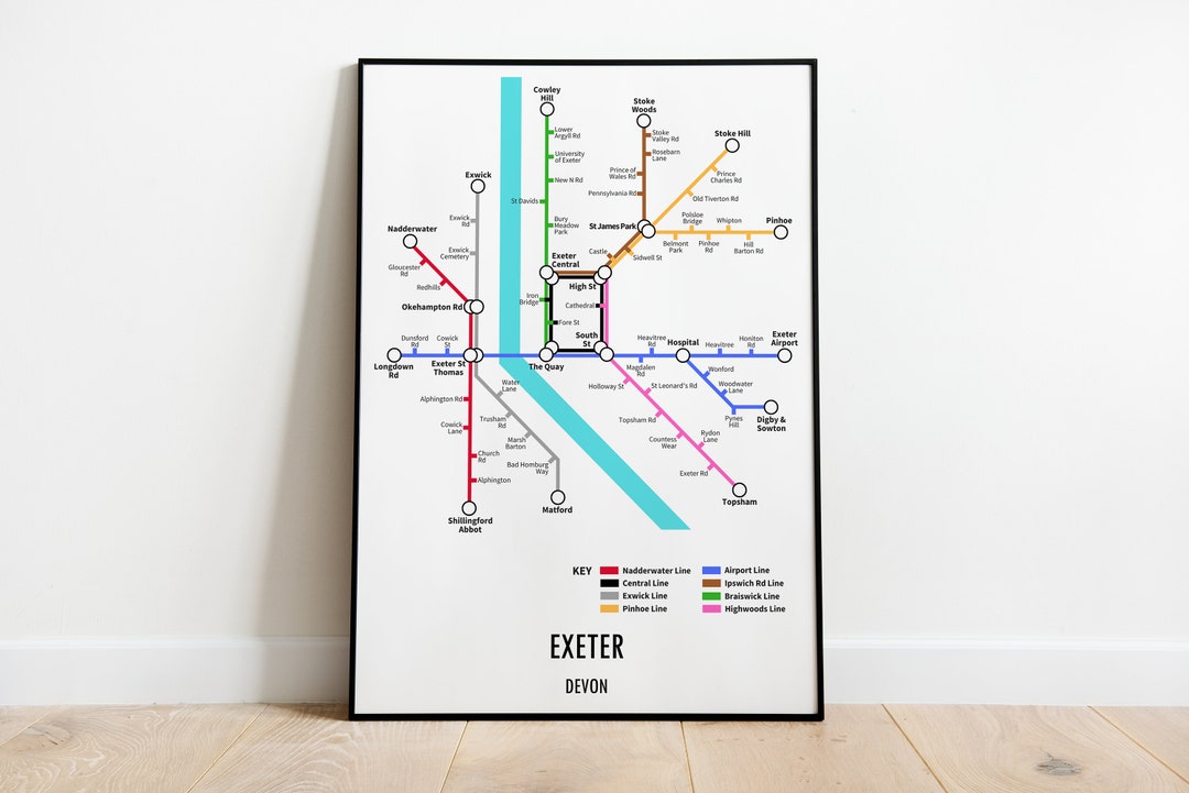 Exeter, Devon Customisable Underground Style Metro Map Print – Modern ...