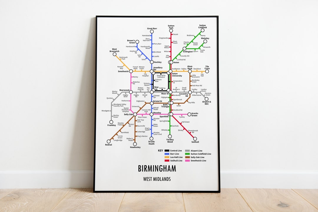 Birmingham, West Midlands Customisable Underground Style Metro Map ...