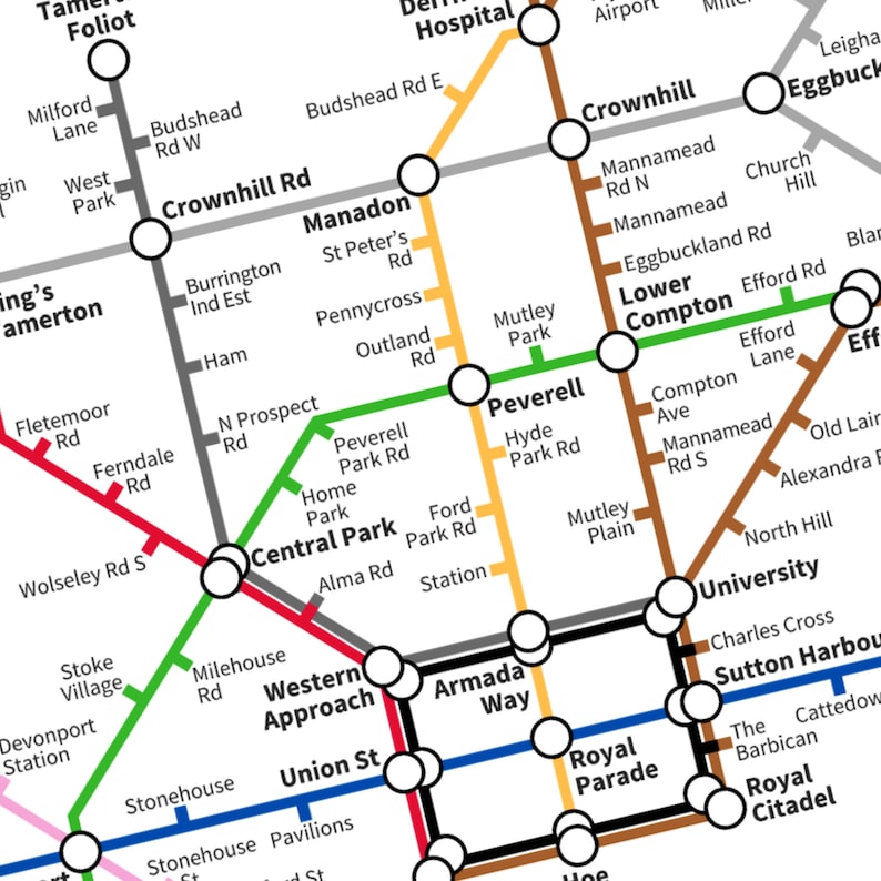 Plymouth, Devon Customisable Underground Style Metro Map Print – Modern ...