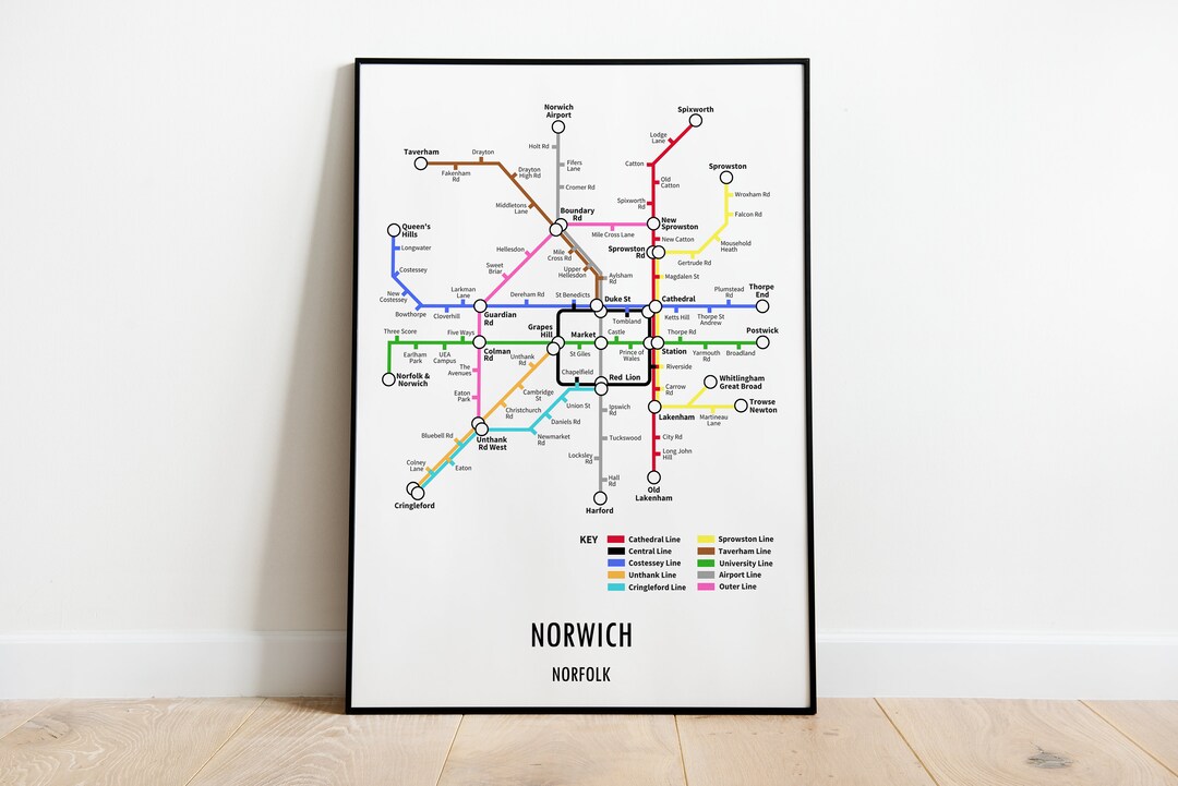 Norwich, Norfolk Customisable Underground Style Metro Map Print ...