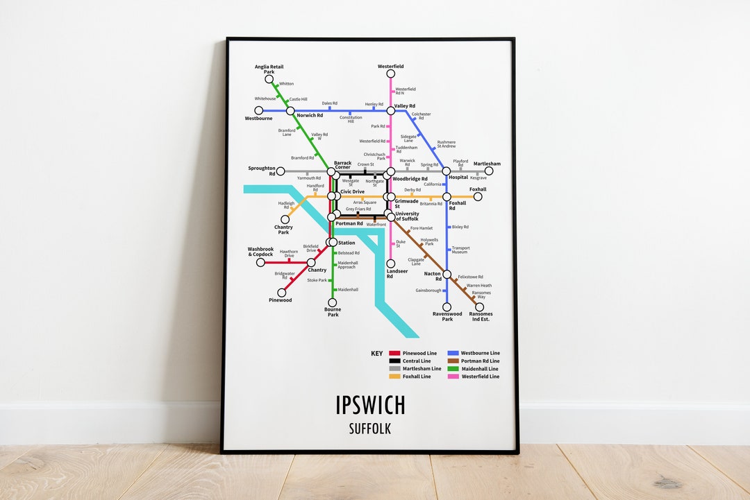 Ipswich, Suffolk Customisable Underground Style Metro Map Print ...