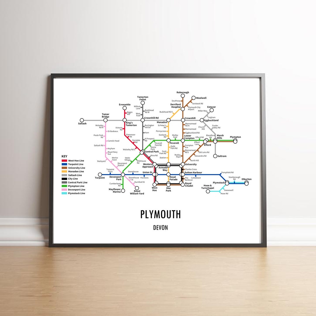 Plymouth, Devon Customisable Underground Style Metro Map Print – Modern ...