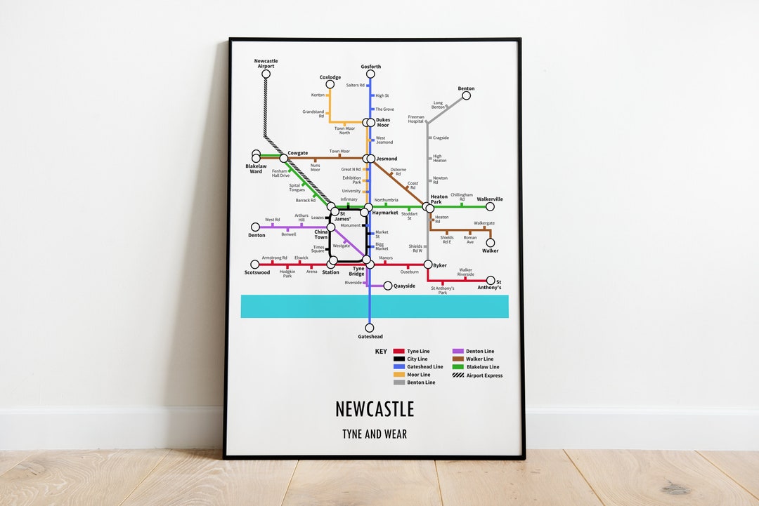 Newcastle Metro Map Print, Tyne and Wear, Underground Style - Etsy UK