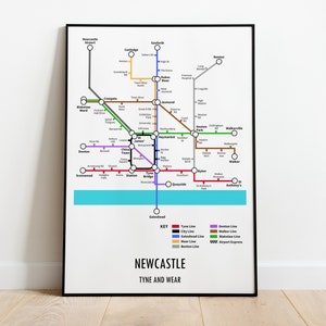 Newcastle, Tyne and Wear Customisable Underground Style Metro Map Print ...