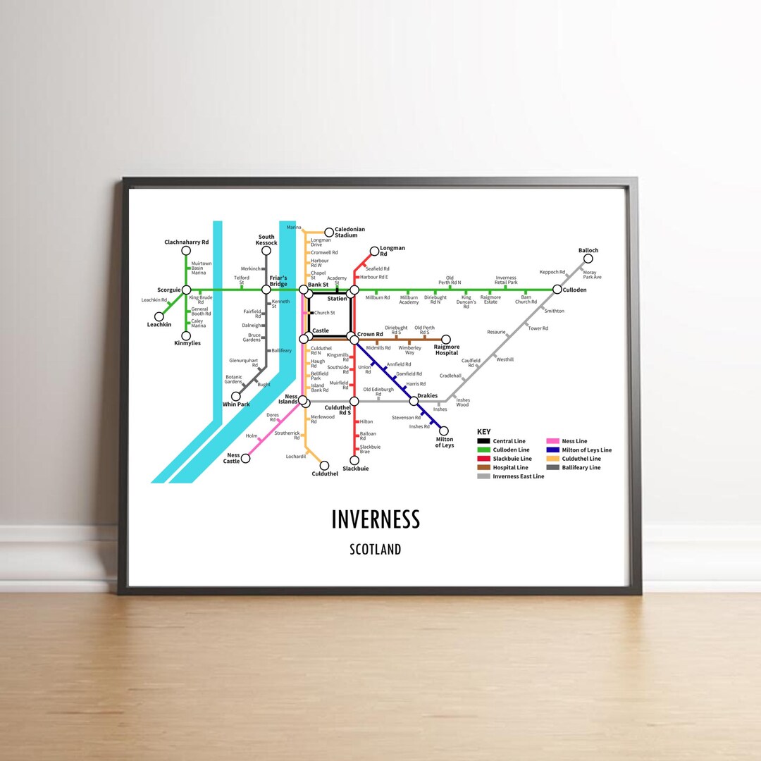 Inverness, Scotland Customisable Underground Style Metro Map Print ...