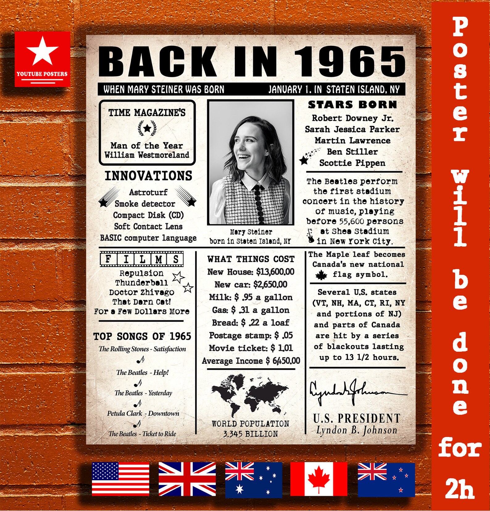 1965 Birthday poster Back in 1965 55th Birthday Gift Ideas | Etsy