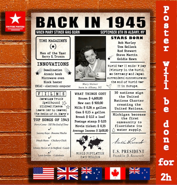 1945 Birthday poster Back in 1945 75th Birthday Gift Ideas | Etsy