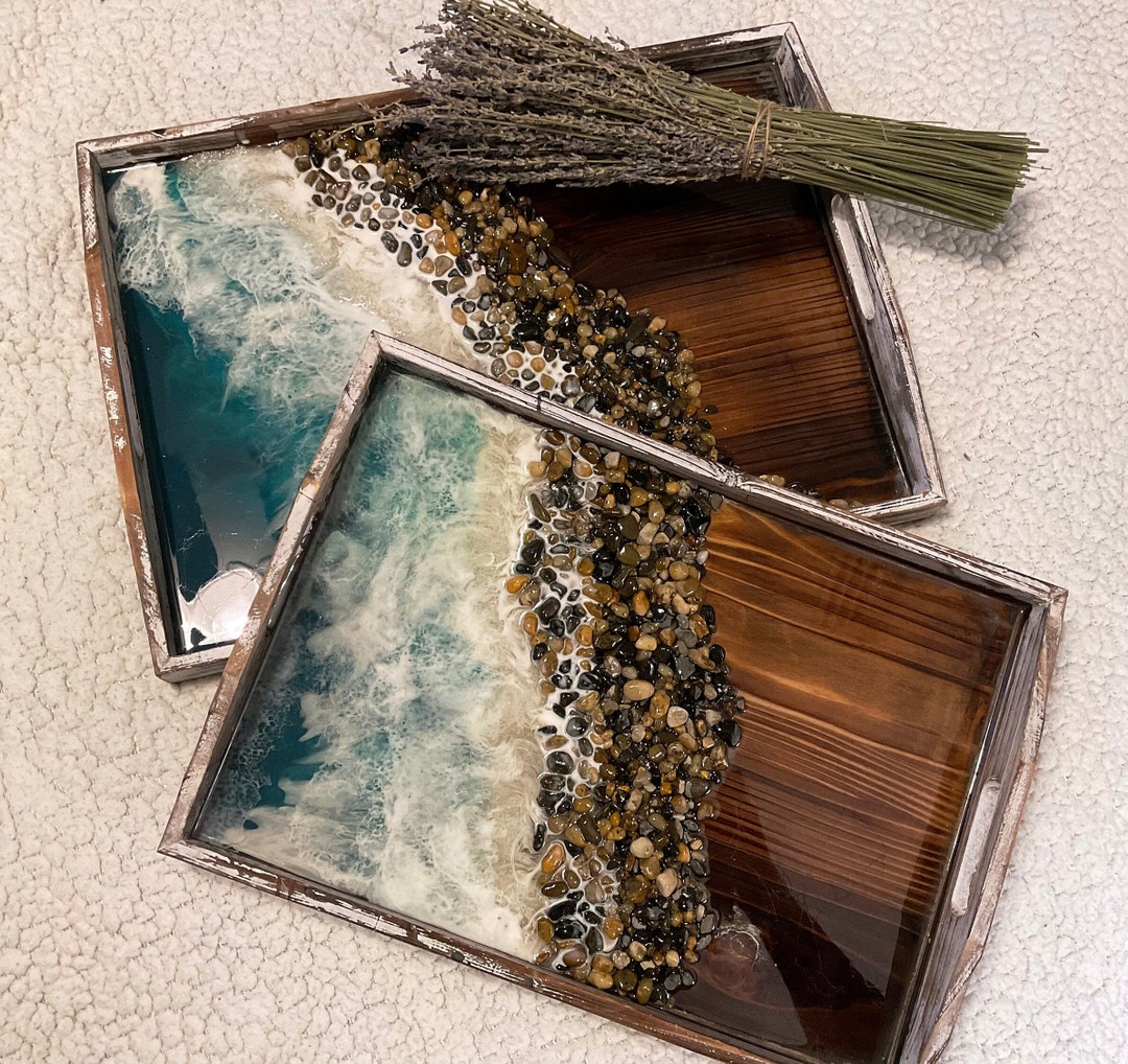 River Rock Resin Serving Tray, Lake Ocean Waves, Charcuterie Living ...
