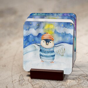 Watercolor Penguin Coaster Set, Winter Scene Coasters, Watercolor Art ...