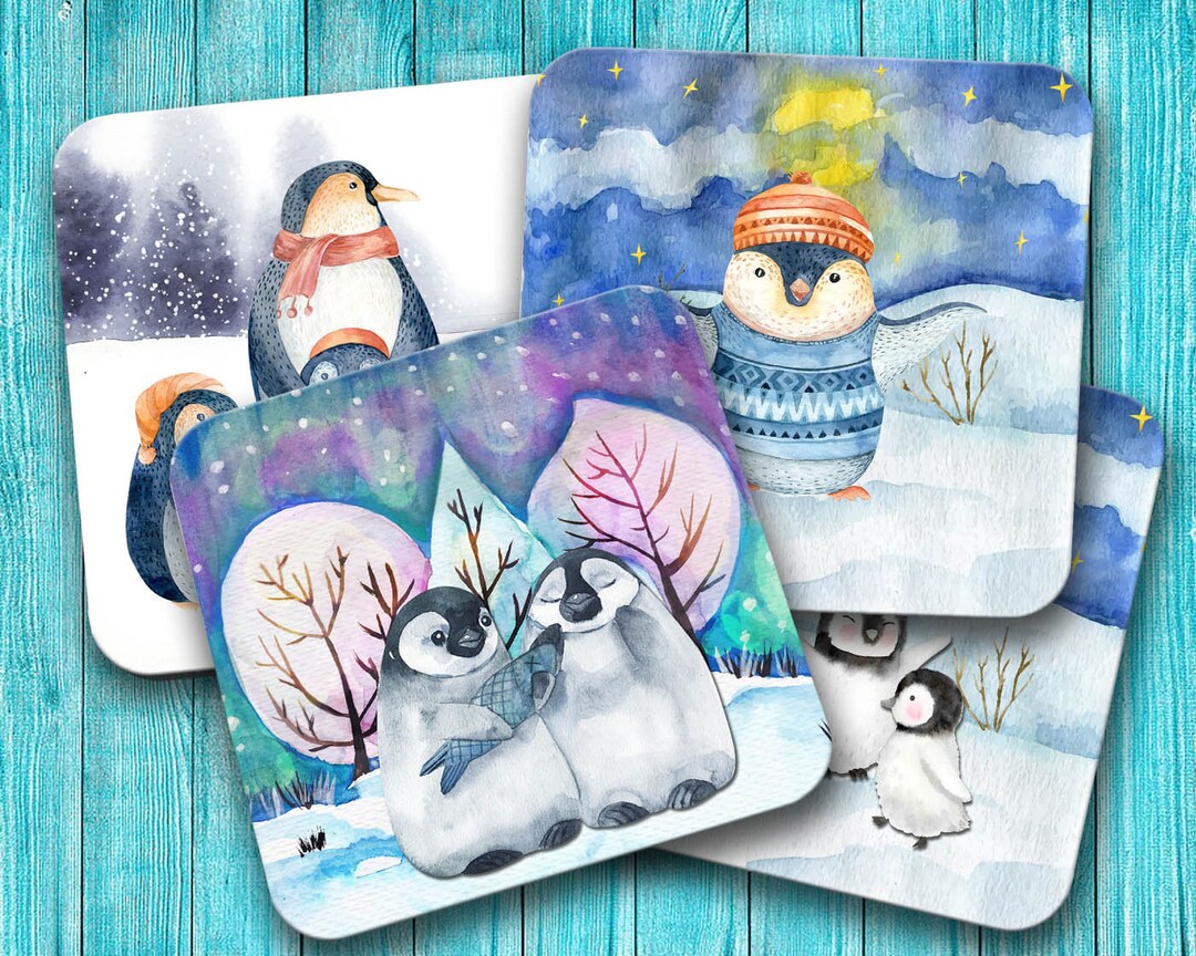 Watercolor Penguin Coaster Set, Winter Scene Coasters, Watercolor Art ...