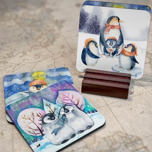 Watercolor Penguin Coaster Set, Winter Scene Coasters, Watercolor Art ...