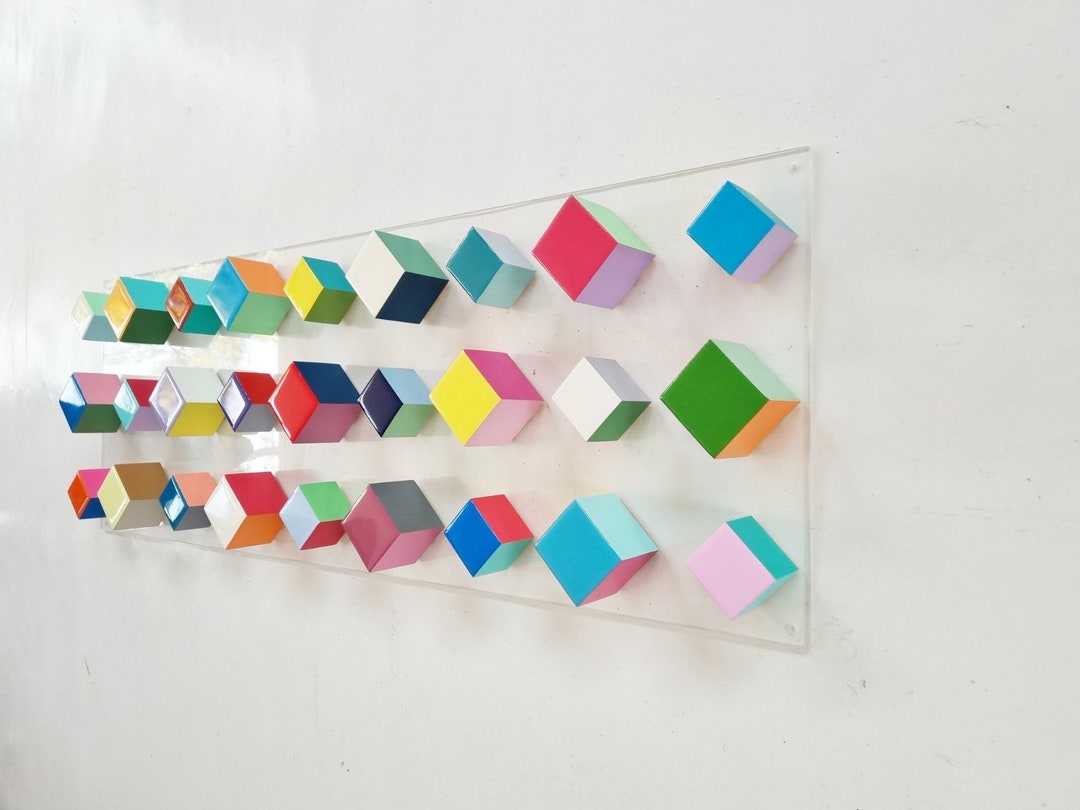 Long and Narrow Wood Wall Art. Hand Painted Cubes With Resin on Top ...