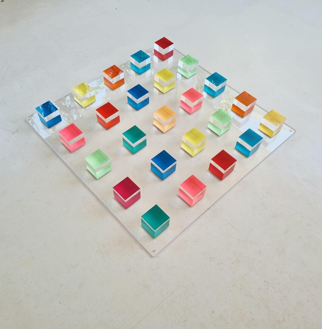 Acrylic Cubes on Lucite Glass Panel. Hand Painted Bold Transparent ...