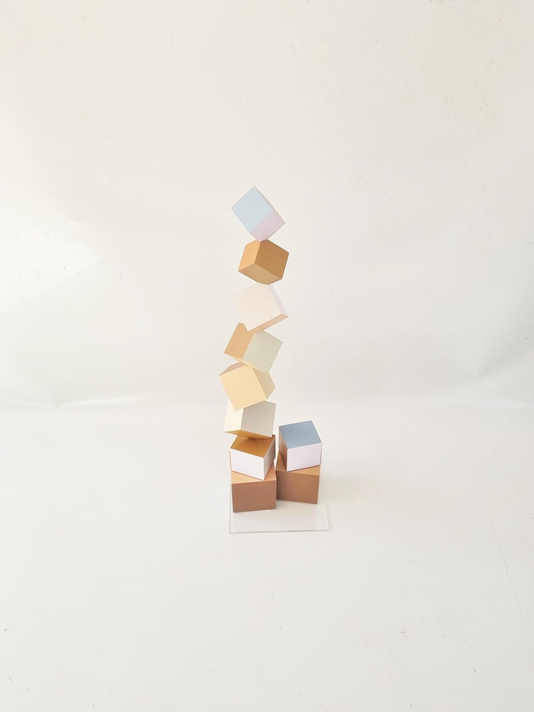 Wood Sculpture in Neutral Colors, Hand Painted Cubes Each Side in a ...