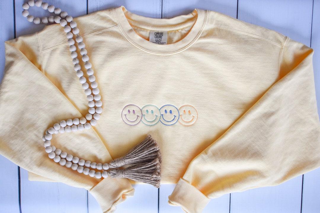 Embroidered Happy Face Sweatshirt | Butter Smiley Face Crewneck ...