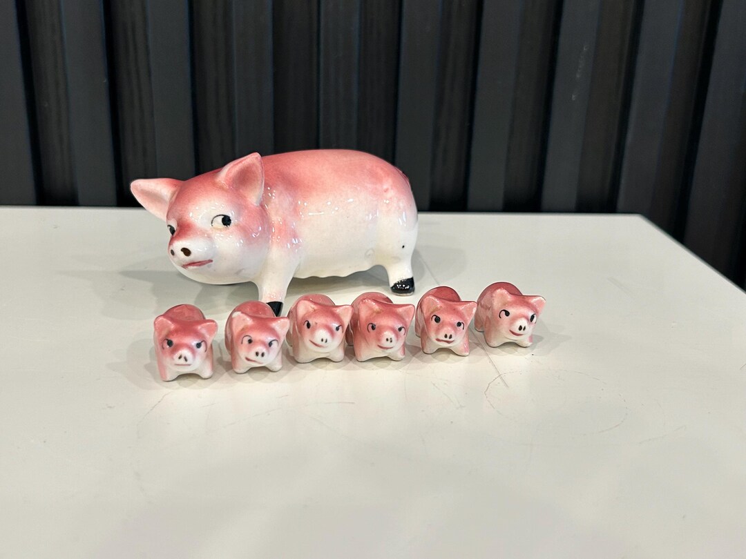 Lovely Pink Porcelain Momma Pig and Her 6 Piglets - Vintage Pigs - Pig ...