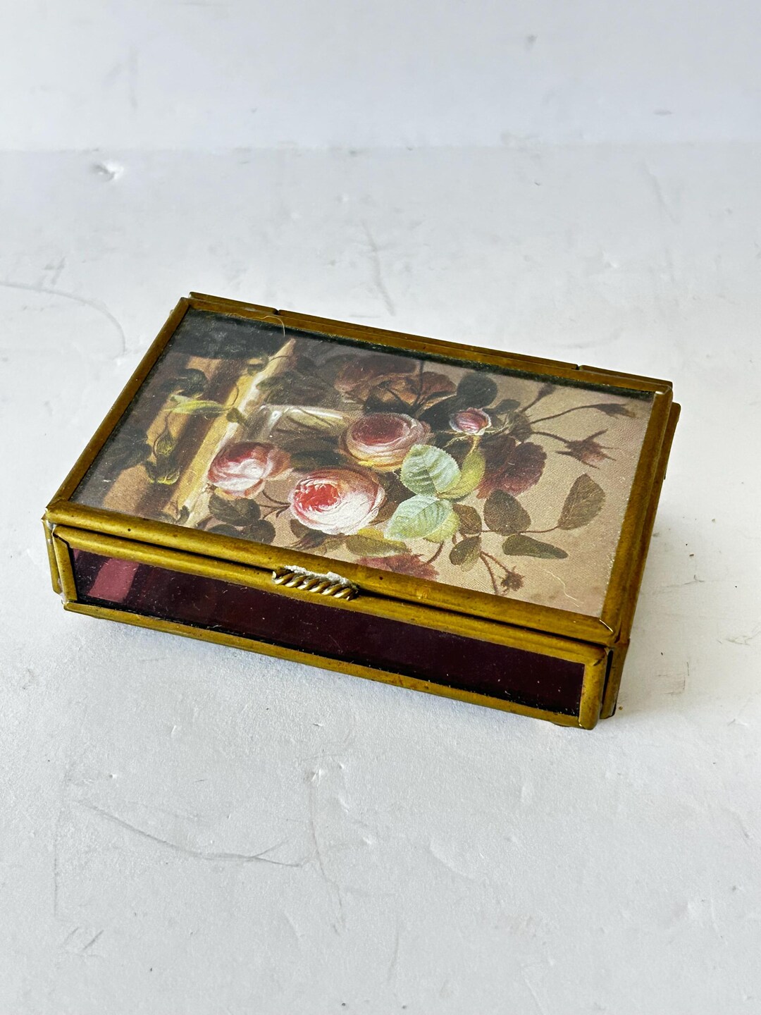 Vintage ENESCO Stained Glass Brass Trinket Box Purple Glass Roses ...