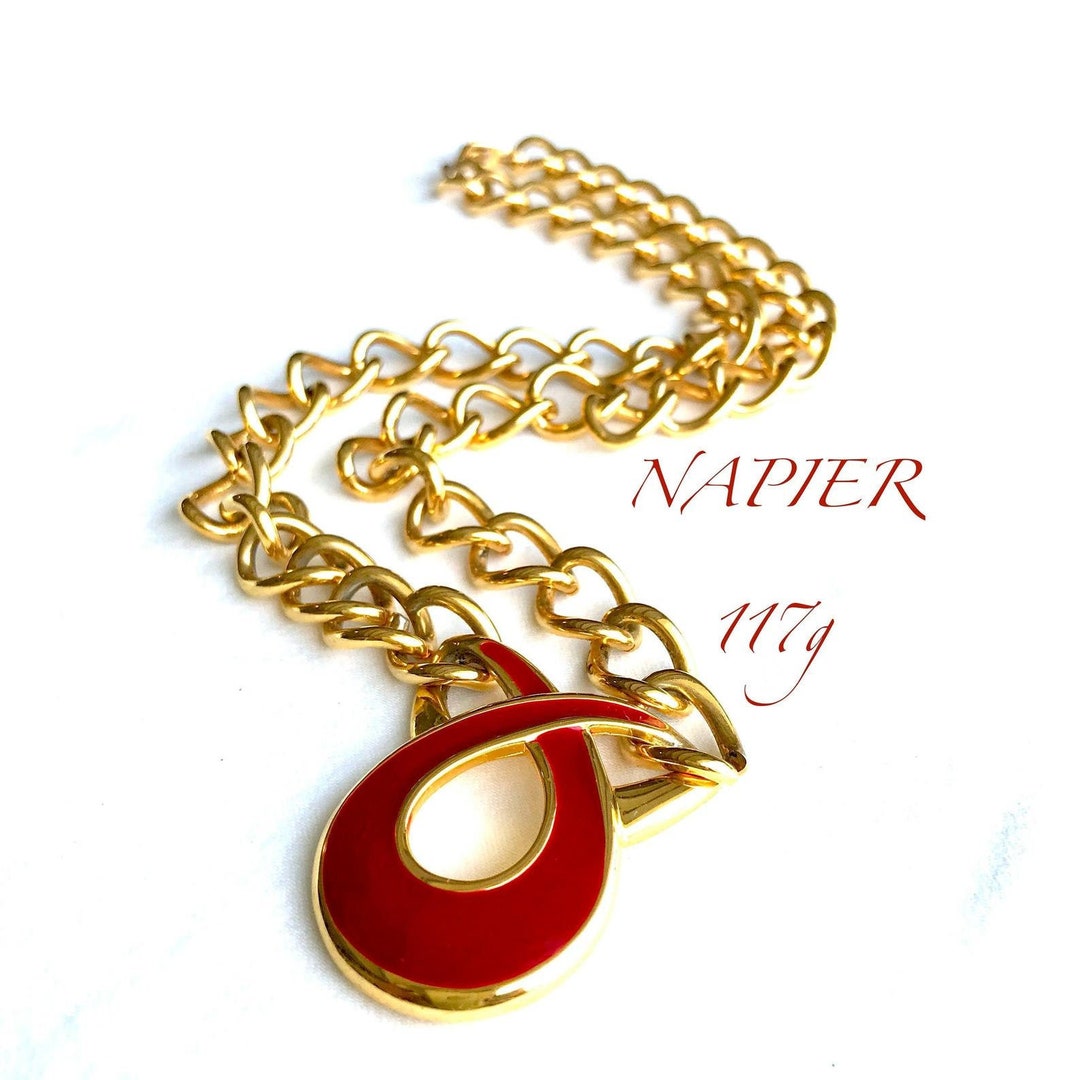 GOLD RED Enamel NAPIER Byzantine Massive Medallion Chocker Necklace 24 ...