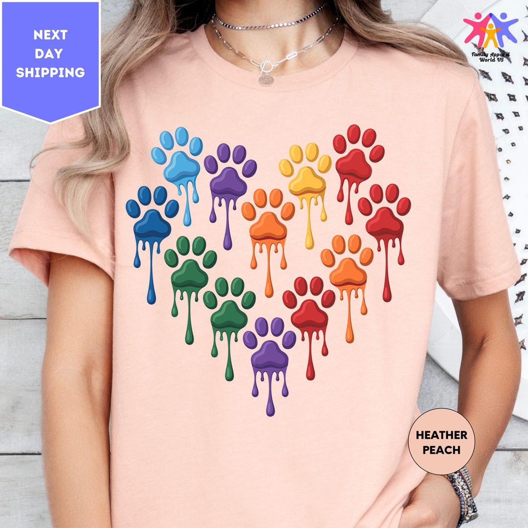 Colorful Dog Paw Heart Shirt, Dog Paw Shirt, Colorful Dog Heart Paw Tee ...