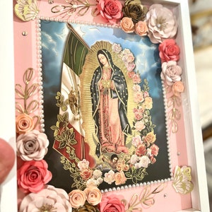Our Lady of Guadalupe With Mexican Flag and Handmade Flowers, 12x15 ...
