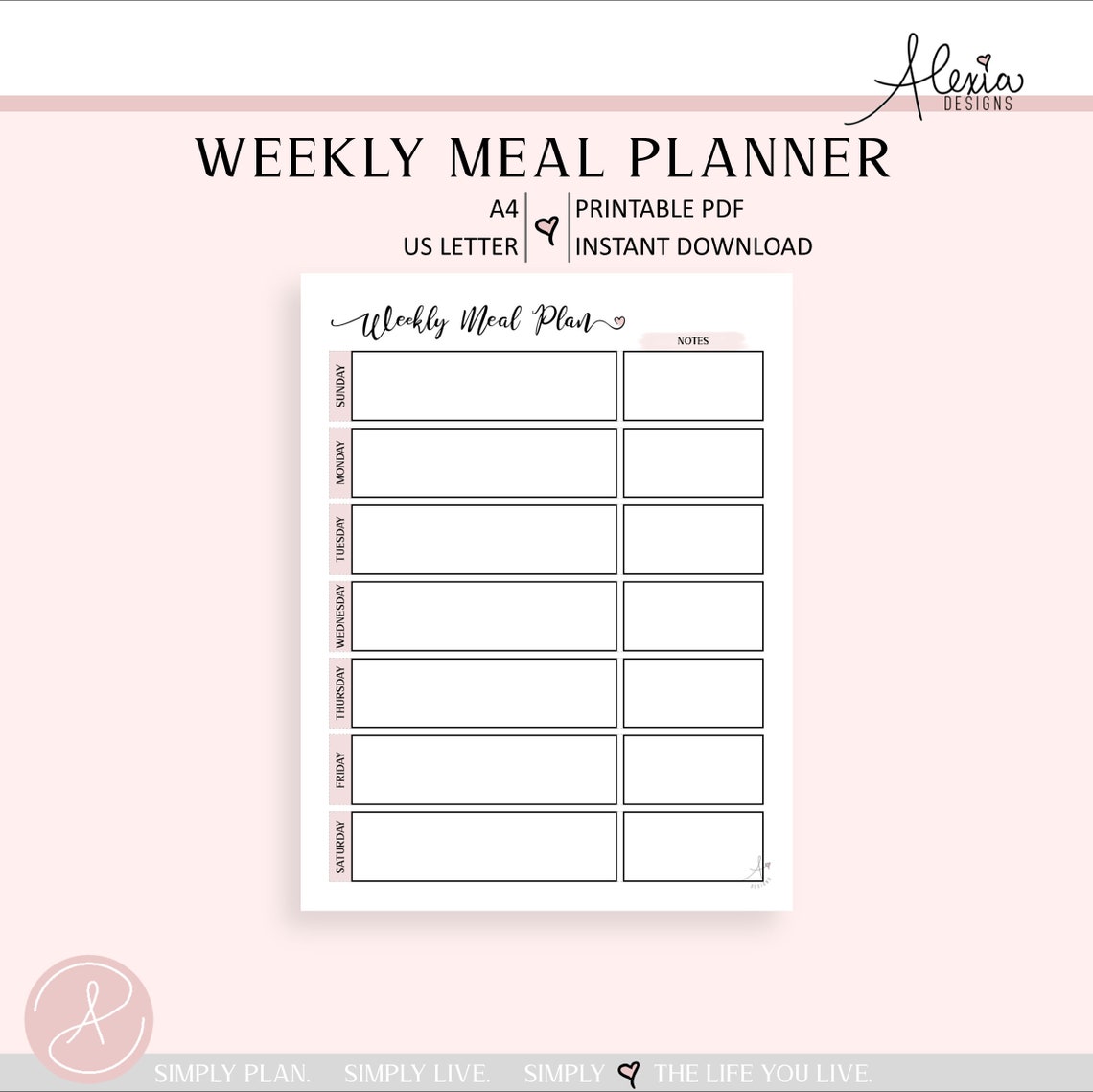 Weekly Meal Planner With Notes Printable PDF - Etsy