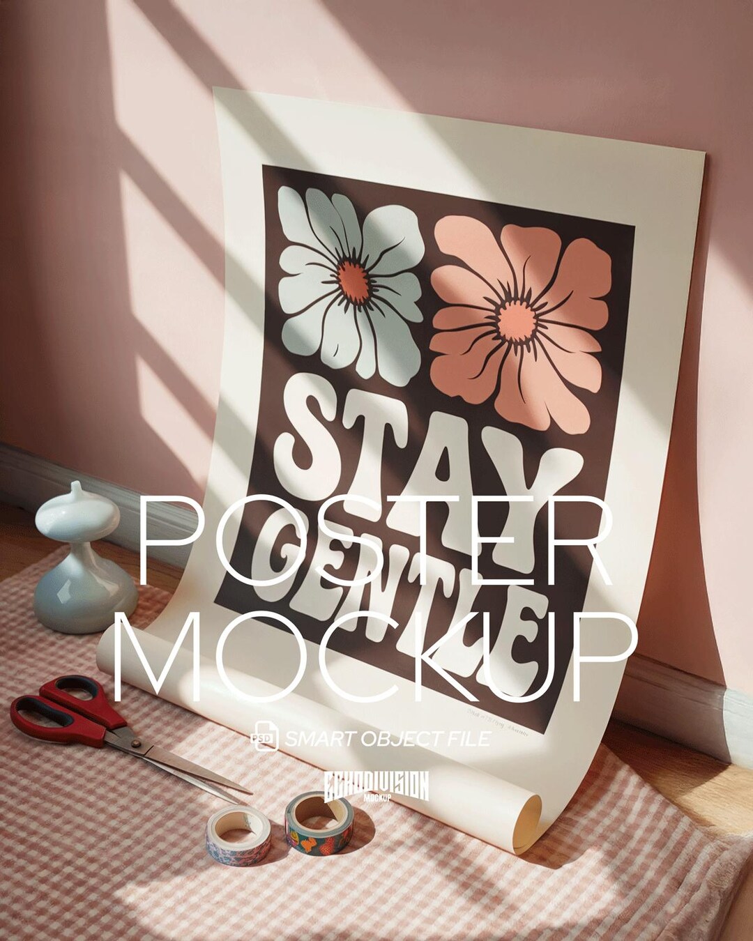 Curled Edge Poster Mockup PSD, Vertical DIN A Print Template, Soft Pink ...