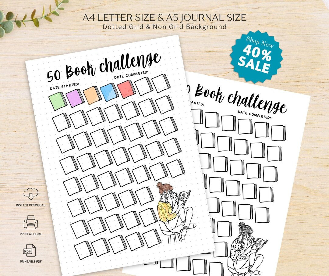 50 Book Reading Challenge Tracker Reading Journal Insert Book Progress ...