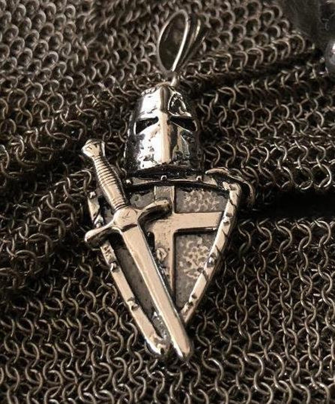 Sterling Silver Knight Helmet Sword Shield Armor Pendant Crusader ...
