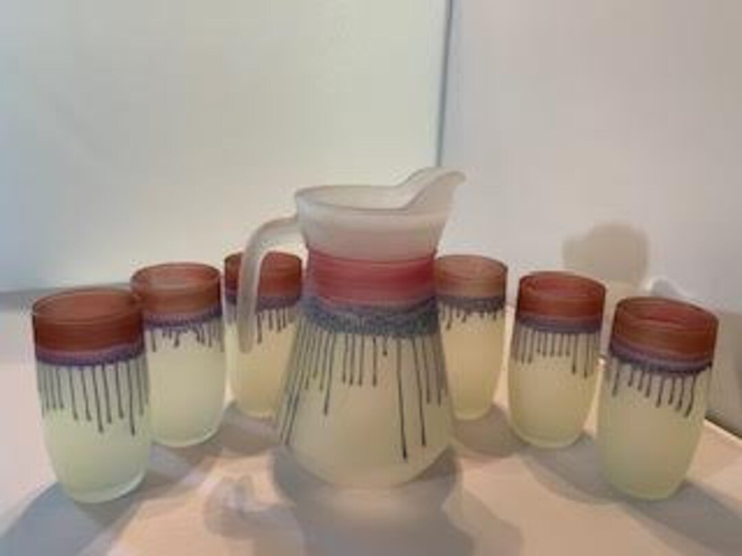 Fantastic 70s Frosted Art Glass Pitcher and Six Glasses - Etsy