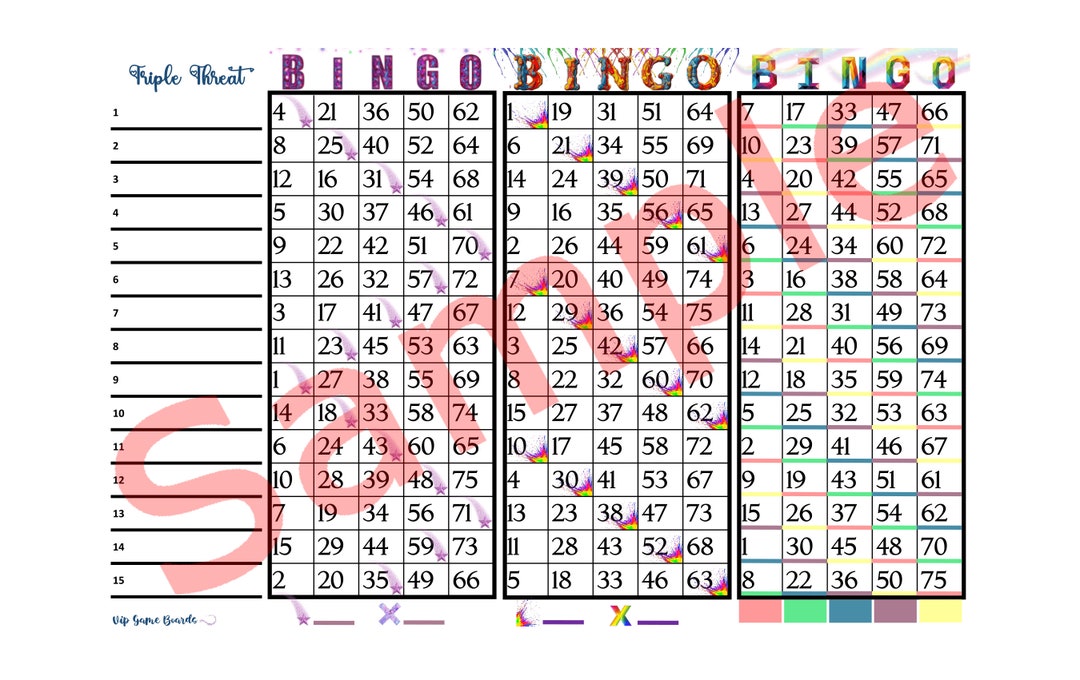 TRIPLE THREAT BINGO, Stars, Paint Splash and Rainbow, 3 on 1 Sheet, 75 ...