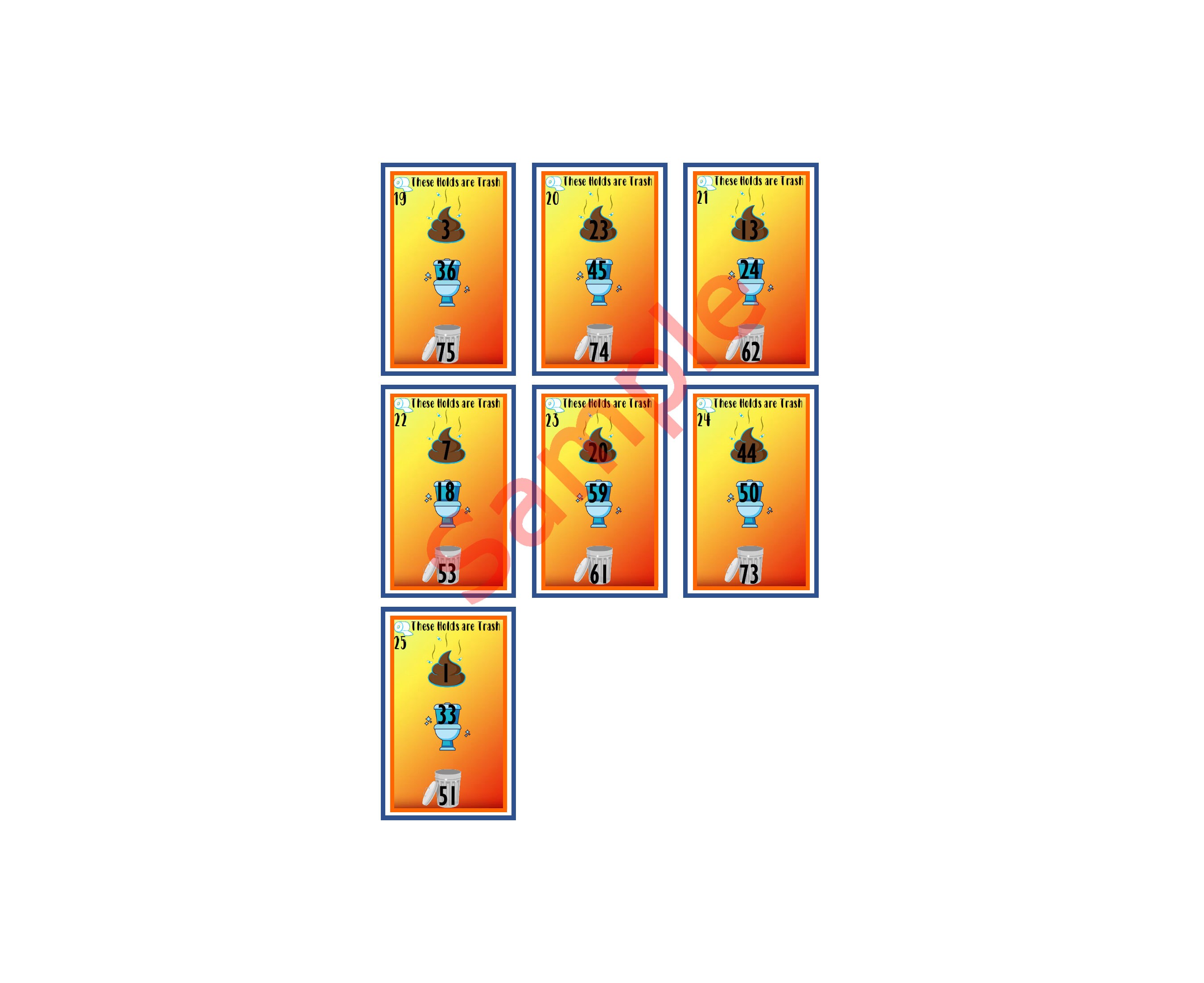 Holds Bingo- These Cards Are Trash Theme. 25 Cards, 3 Balls per Number ...