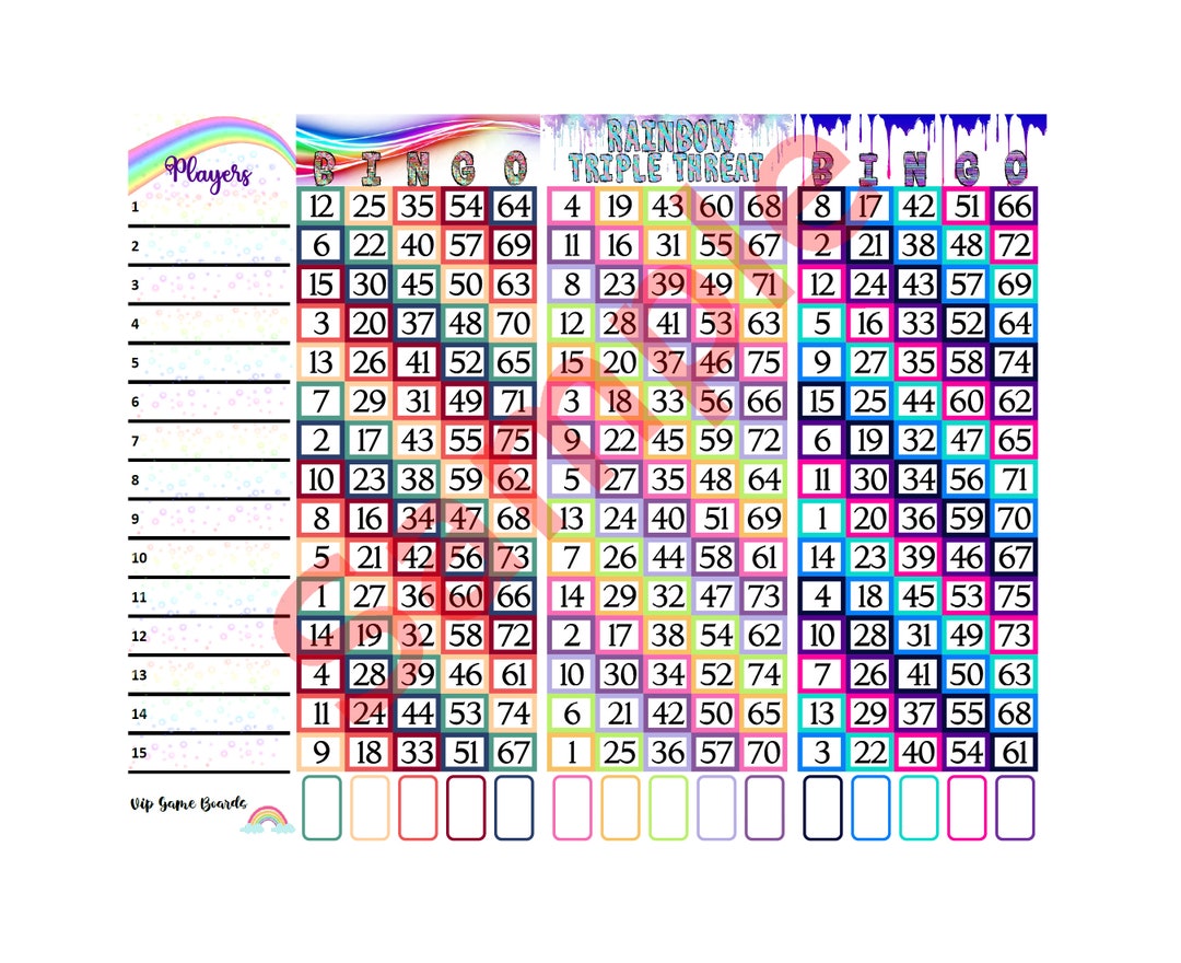Triple Threat Rainbow BINGO, 3 ON 1 Board, 75 Ball Mode, 15 Lines. 1 ...
