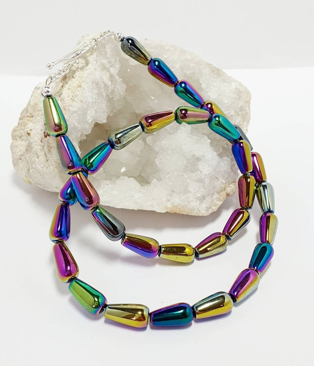 Rainbow Coated Hematite Pear Drop Silver Plated Necklace Made By The