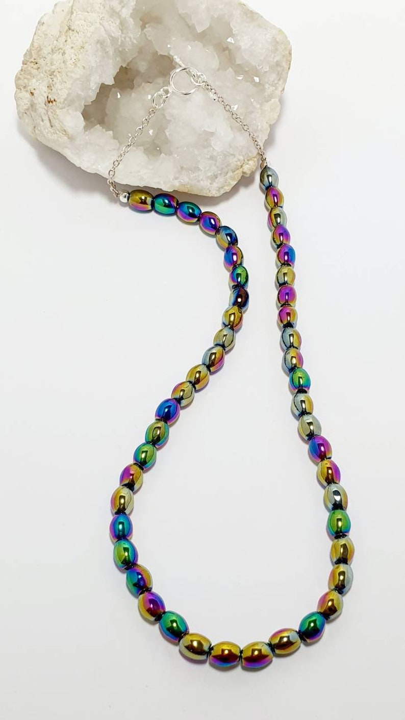 Rainbow Coated Hematite Barrels Silver Plated Necklace Made Etsy