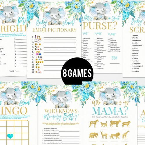 Boy Elephant Baby Shower Game Package Set 8 Printable Blue - Etsy