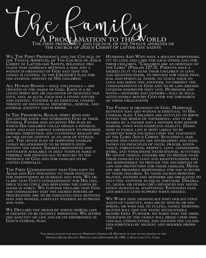 Family Proclamation Black, LDS Proclamation, Modern Lds Print, Lds ...