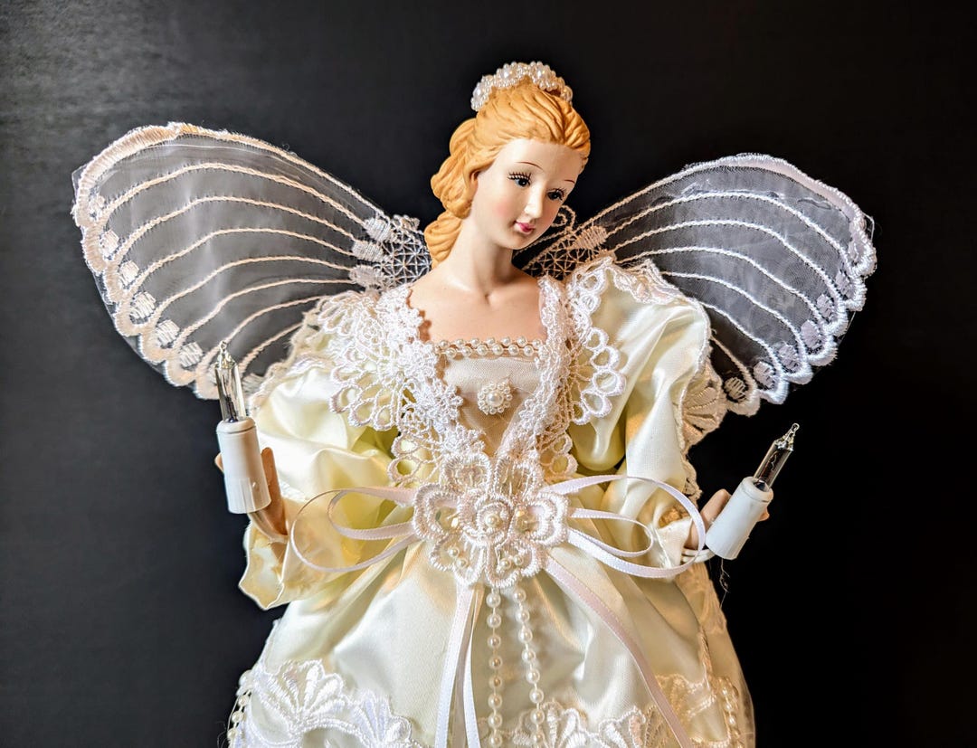 Vintage Porcelain Angel Tree Topper With Lights Old Fashioned Christmas ...