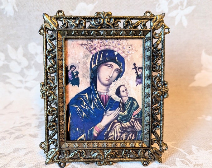 Antique Our Lady of Perpetual Help in Ornate Gold Metal Frame Made in ...