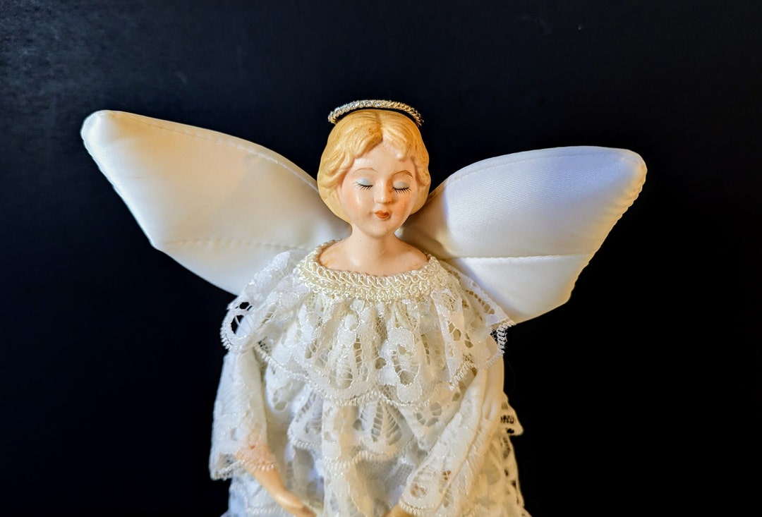 Vintage Angel Christmas Tree Topper White Lace Dress Satin Wing Vintage ...