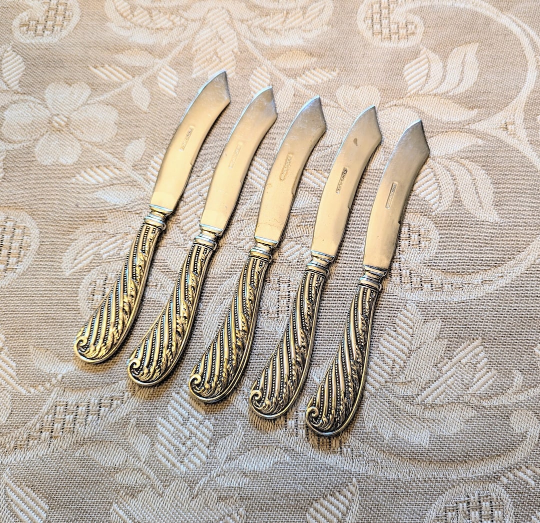 5 Antique Sterling Plate Fruit Knives, Heavy Spreader Knife Set ...