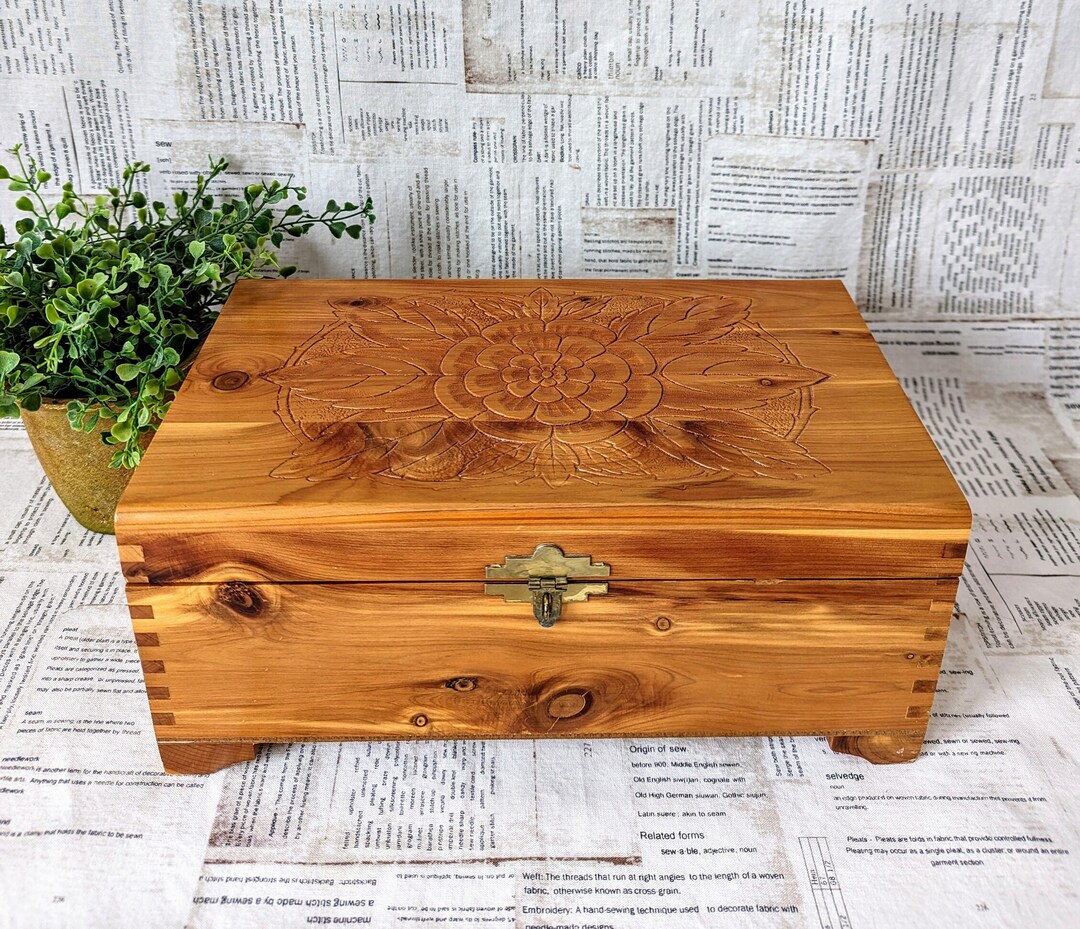 Cedar Wood Box With Vintage Sewing Notions, Craft Storage, Wooden ...