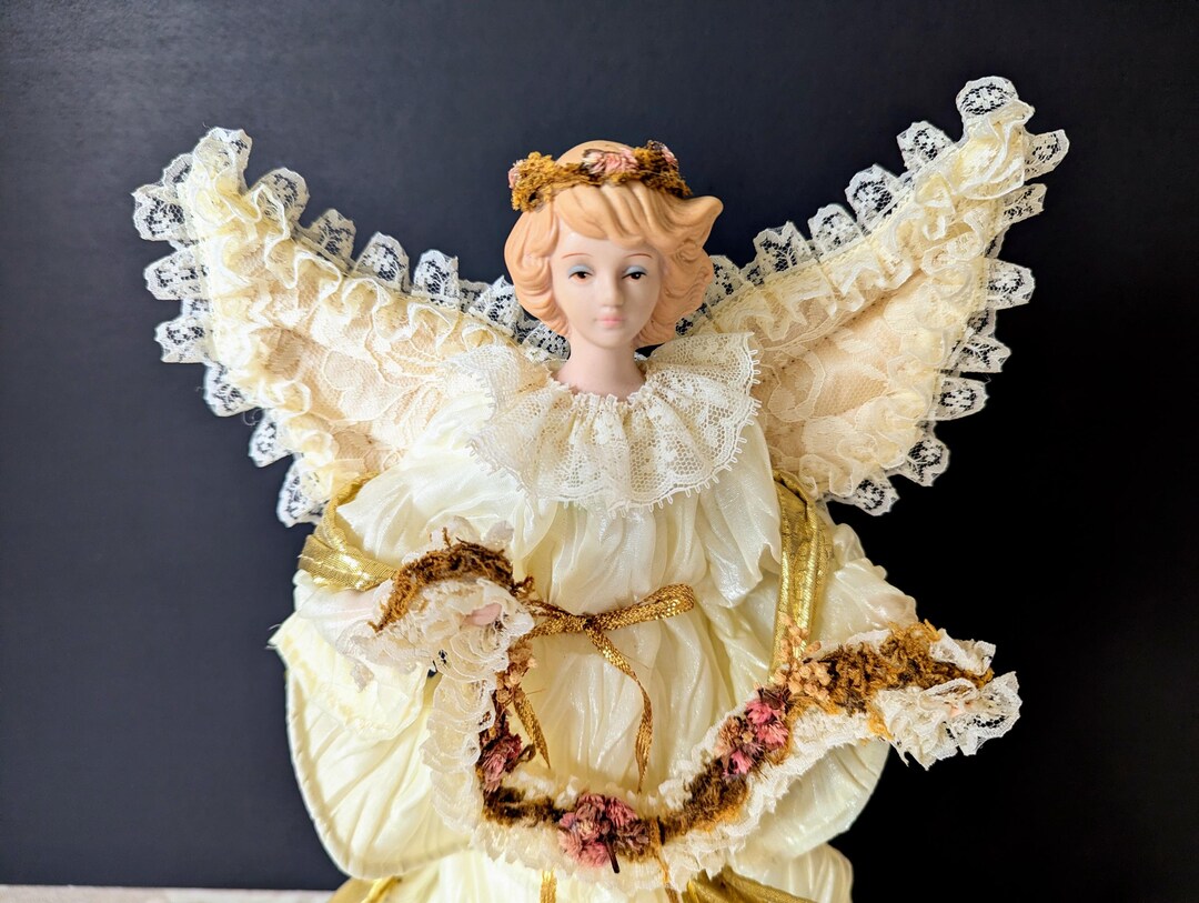 Vintage Porcelain Angel Tree Topper Ivory Lace Dress and Wings Country ...