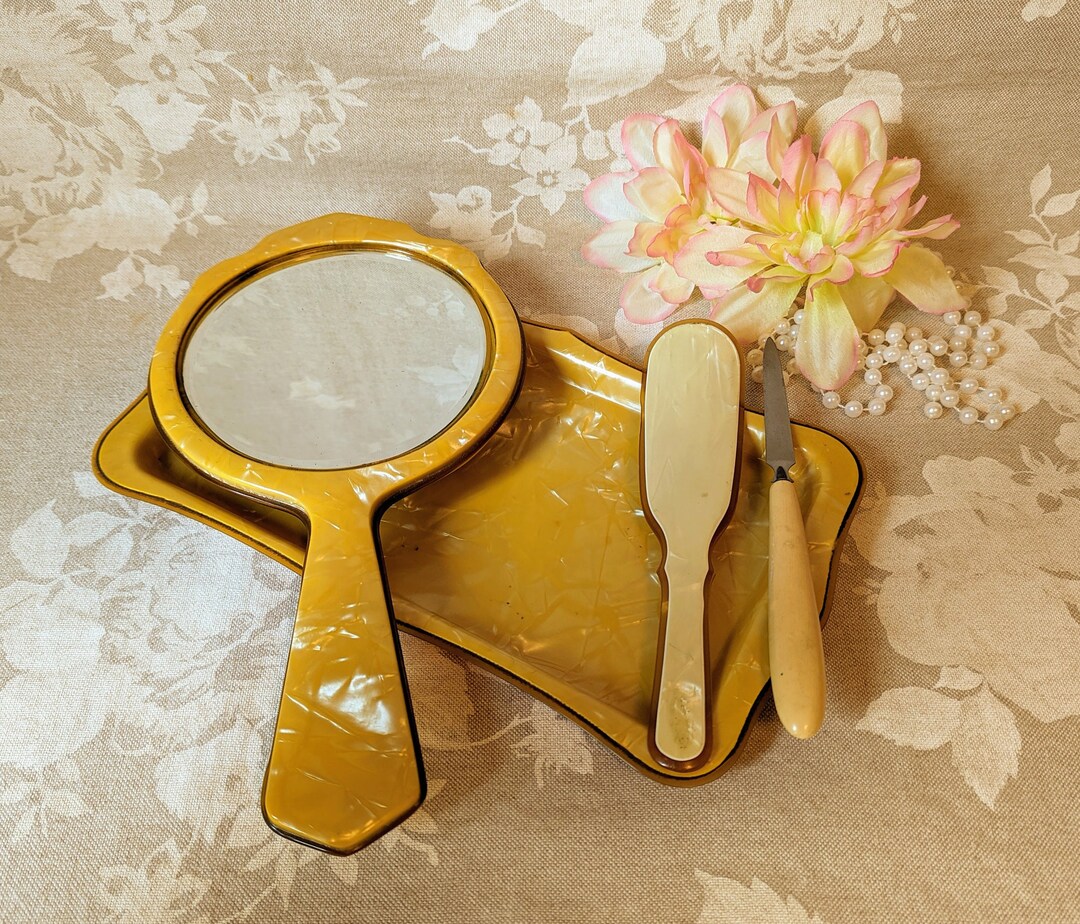 Vintage 4 Piece Gold Celluloid Dresser Set Mid Century Vanity Decor Old ...