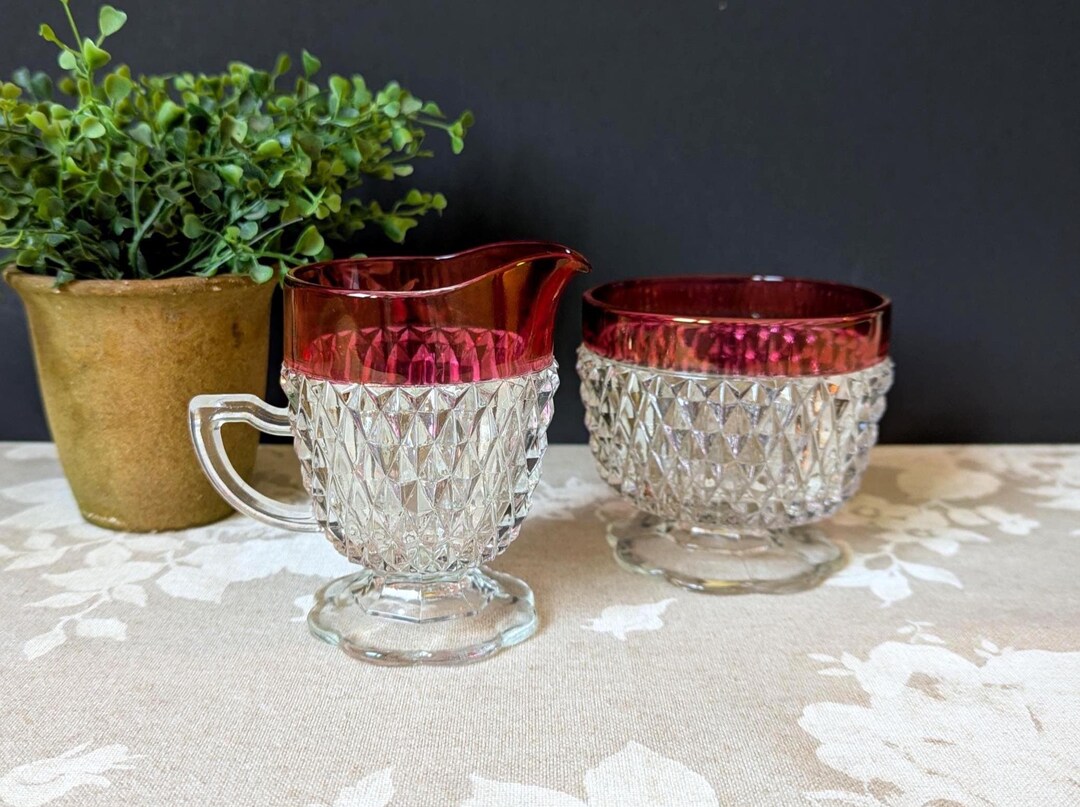 Vintage 1950s Indiana Glass Diamond Point Cut Glass Creamer and Sugar ...