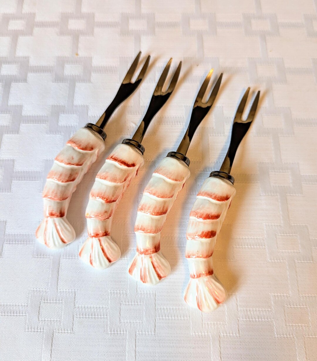 4 Shrimp Cocktail Forks Porcelain Handle Stainless Steel Prongs Made in ...